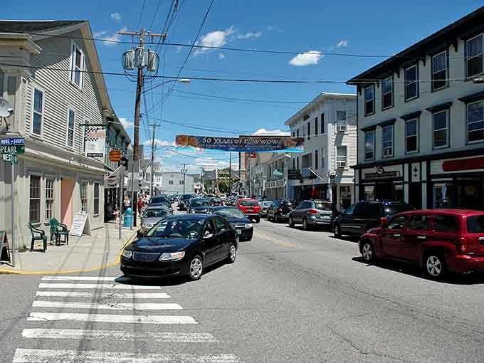 Downtown Mystic on a perfect summer day – where traffic jams come with a side of scenic beauty and the promise of ice cream just around the corner.