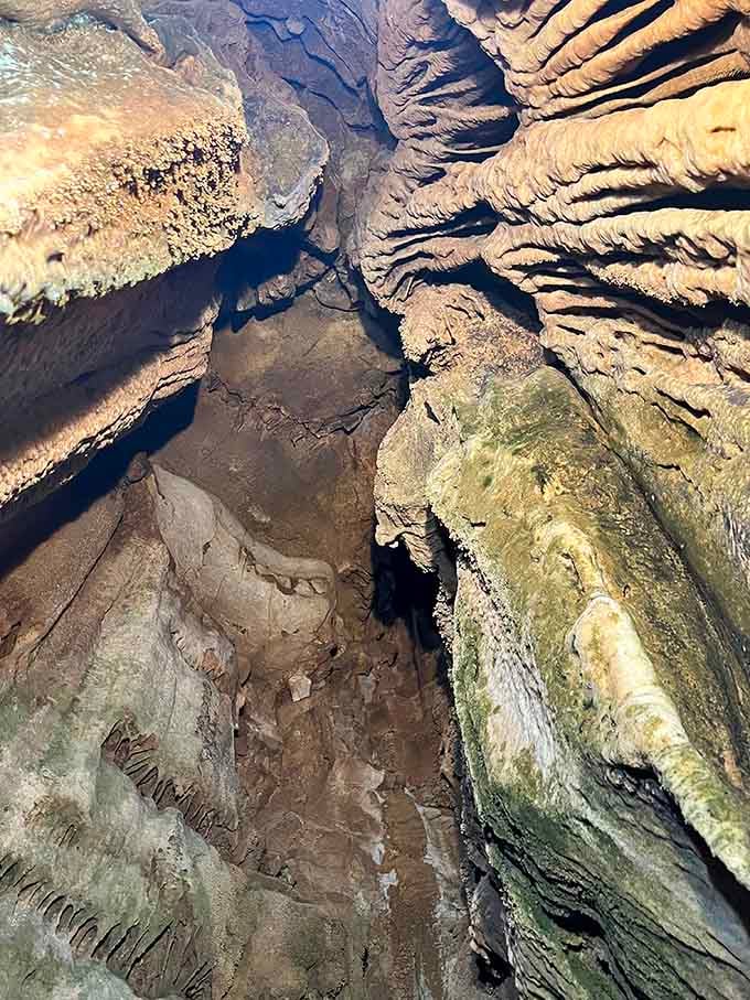 Looking up in Onyx Cave feels like standing inside a geological cathedral built by time itself.