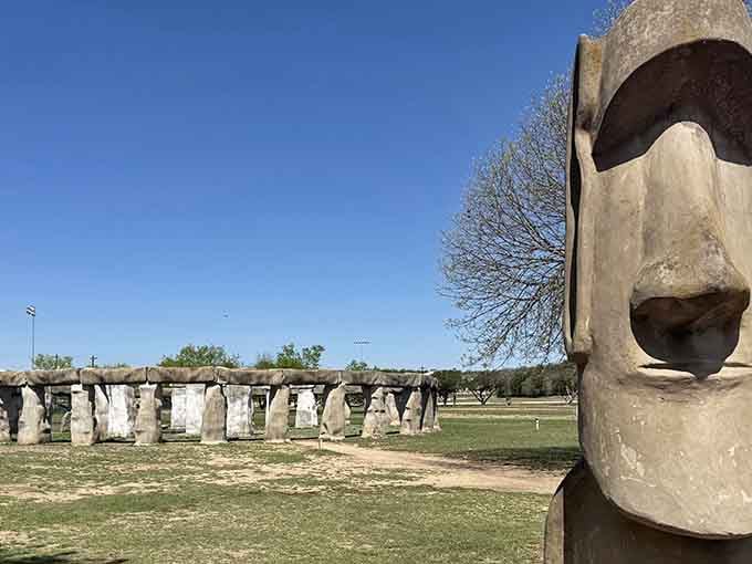 One of the moai stands sentinel, proving that Easter Island and England can coexist peacefully in Texas.