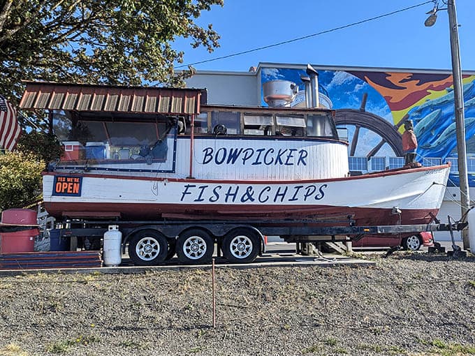 A retired fishing boat serving fish and chips from a gravel lot is peak Oregon brilliance.