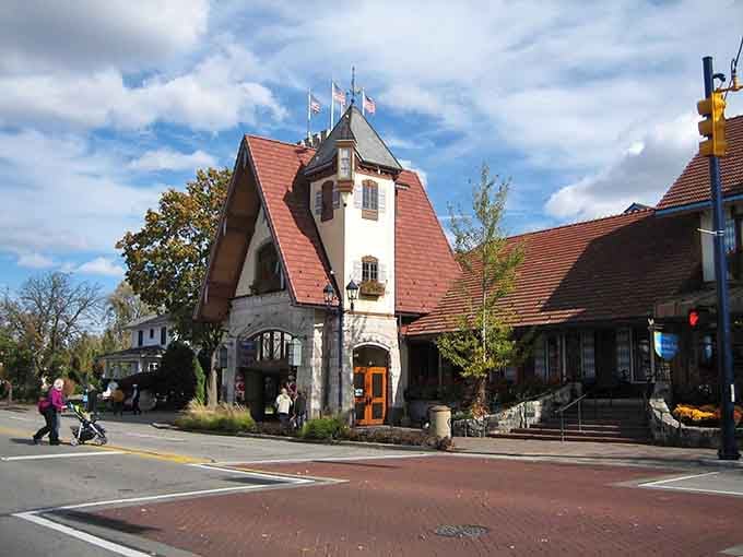 The distinctive Bavarian architecture features timber framing and red tile roofs that make every corner of Frankenmuth feel like an authentic European getaway.