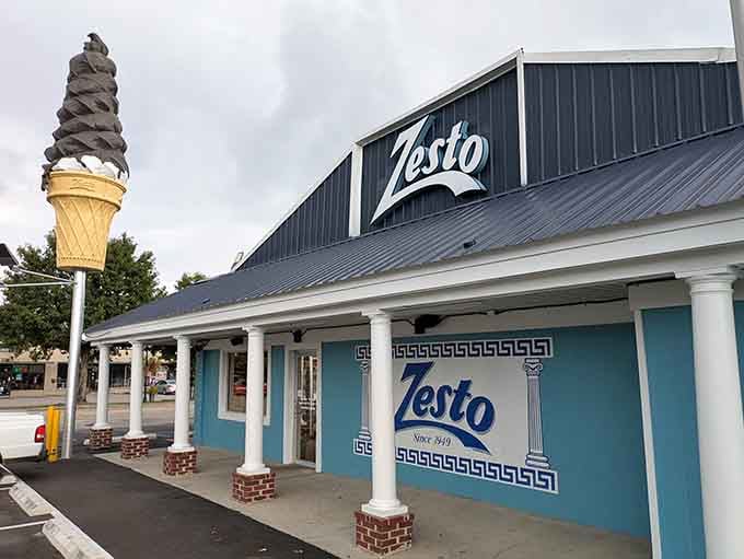 That towering ice cream cone isn't just a sign, it's a promise written in soft serve and dreams.