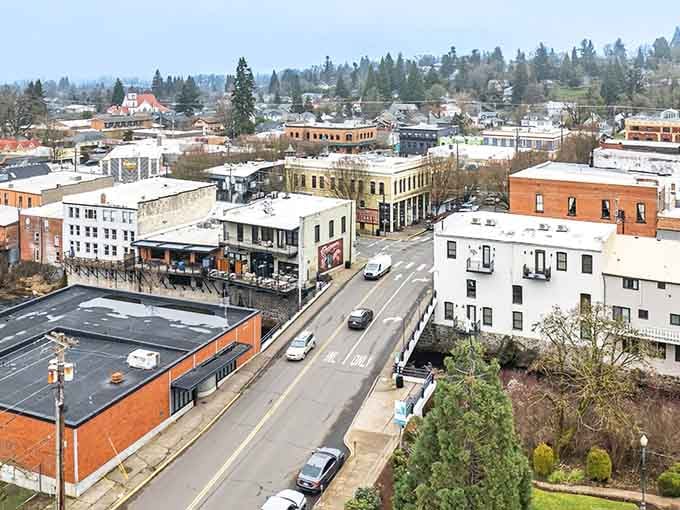 From above, Silverton reveals its true character: a compact, walkable community nestled perfectly in Oregon's green embrace.