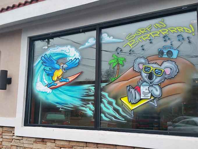 With vibrant window art, this New Jersey diner invites you into a tropical retreat where the fun never ends.