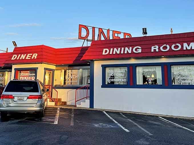 Golden hour hits this classic diner like a scene from Happy Days, minus the Fonz but with better pancakes.