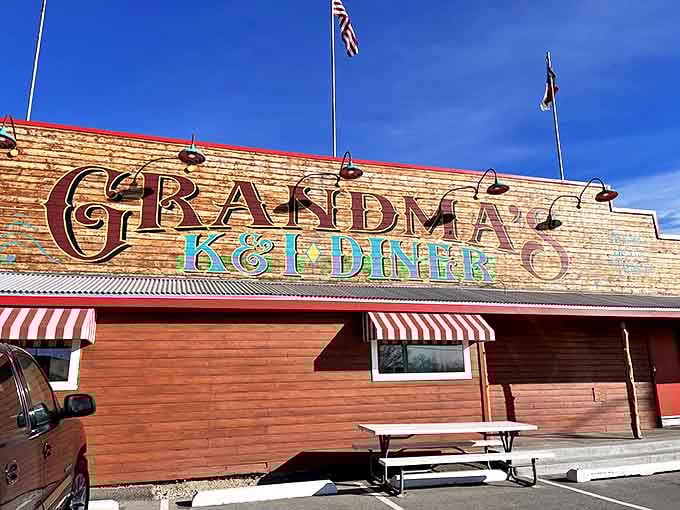 The brick-red exterior of Grandma's K & I Diner stands proudly against New Mexico's brilliant blue sky, a beacon of comfort food excellence.