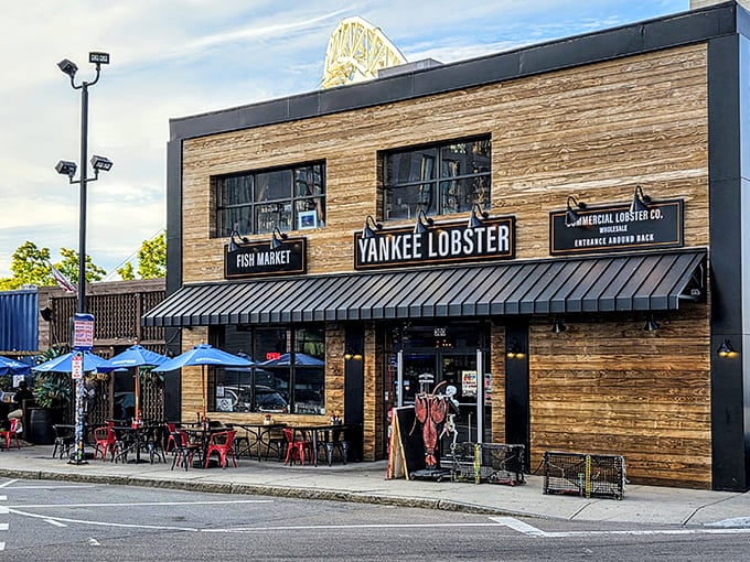 Sunshine bathes the rustic facade while lobster traps stand guard - a not-so-subtle reminder of what treasures await inside.