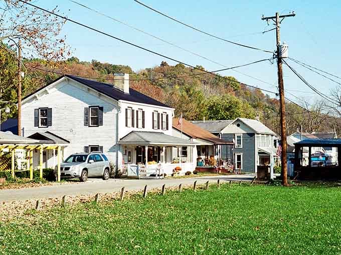 Rolling hills frame these historic buildings like nature's own picture frame, except way better than anything from HomeGoods.