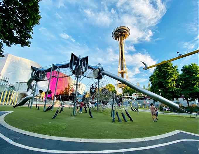 That climbing structure looks like it escaped from a sci-fi movie and landed in Seattle's backyard.
