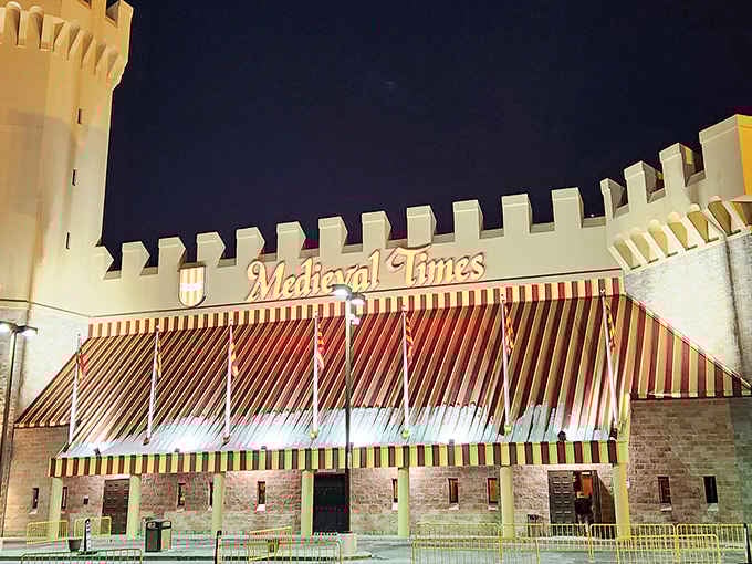 That's a real castle sitting in New Jersey, complete with turrets, flags, and the best dinner show around.