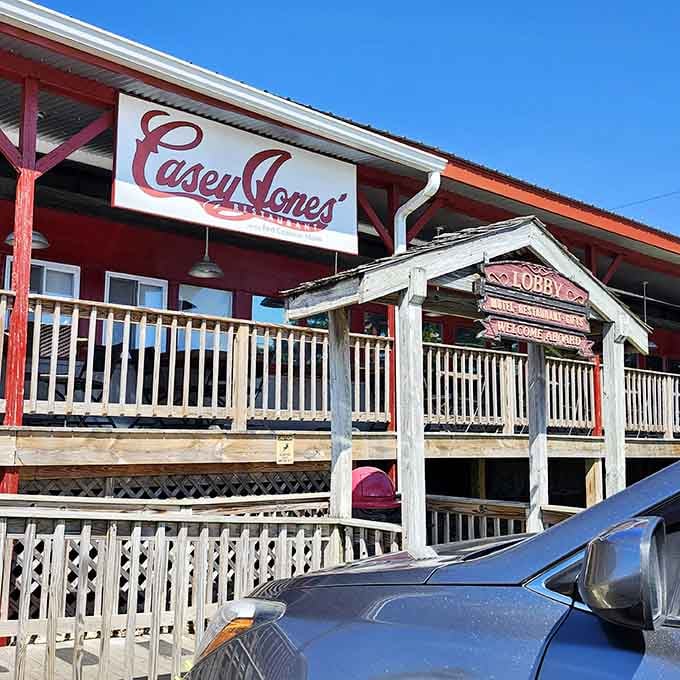 The Casey Jones sign beckons like a beacon of comfort food, promising adventures in eating without leaving the ground.