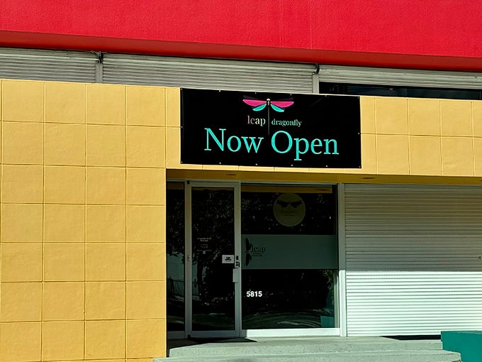 The dragonfly logo beckons you through glass doors where secondhand shopping gets a serious boutique upgrade.