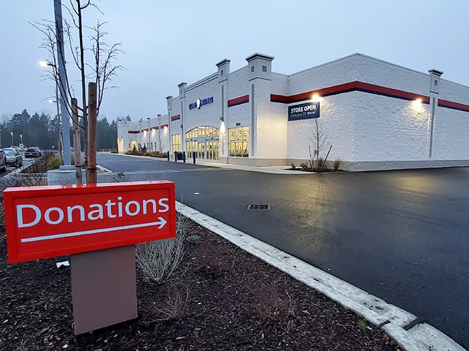 The storefront promises organization and cleanliness, two words rarely associated with thrift shopping adventures.