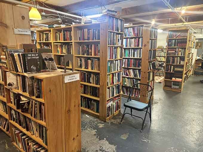 Rows of wooden shelves stretch into the distance like a bibliophile's fever dream come true.