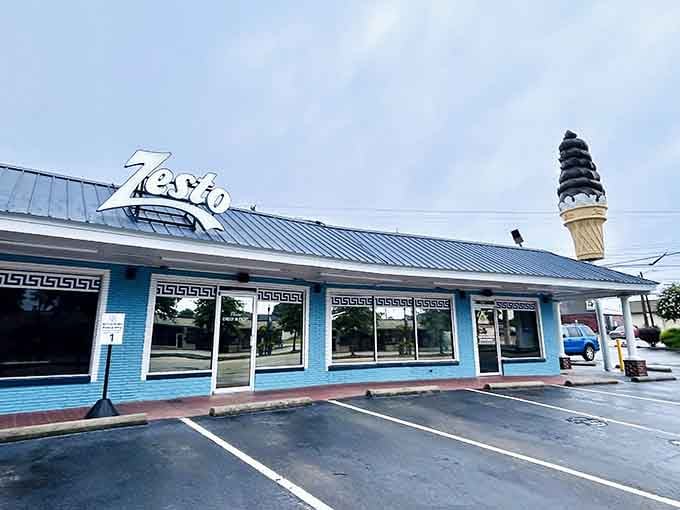 That towering ice cream cone isn't just a sign, it's a promise written in soft serve and dreams.
