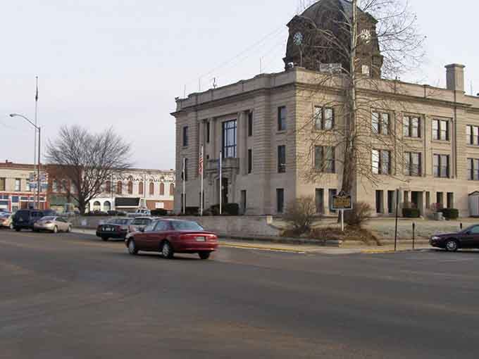The Owen County Courthouse stands watch over Spencer's square, a timeless anchor in small-town Indiana life.