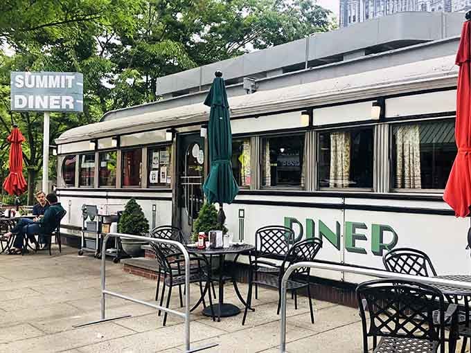 Outdoor seating where you can enjoy your pancakes while watching Summit wake up, coffee in hand, world at peace.