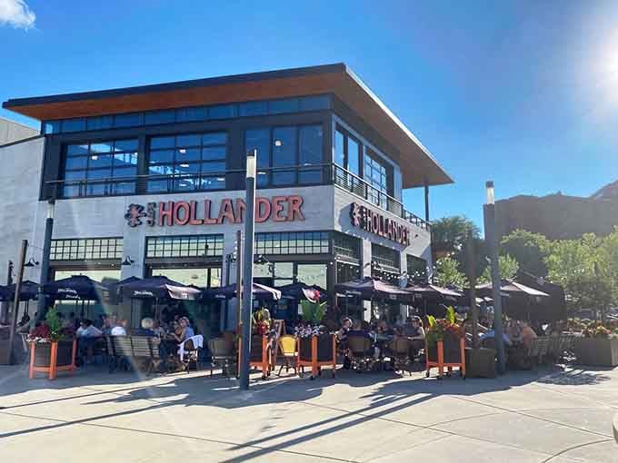 Sunshine, umbrellas, and a crowd that knows good beer when they see it; this is outdoor dining done absolutely right, Wisconsin style.