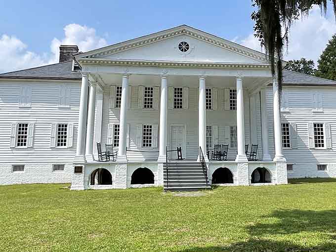 Southern elegance stands tall at Hampton Plantation&mdash;where white columns meet blue skies and history whispers from every corner.