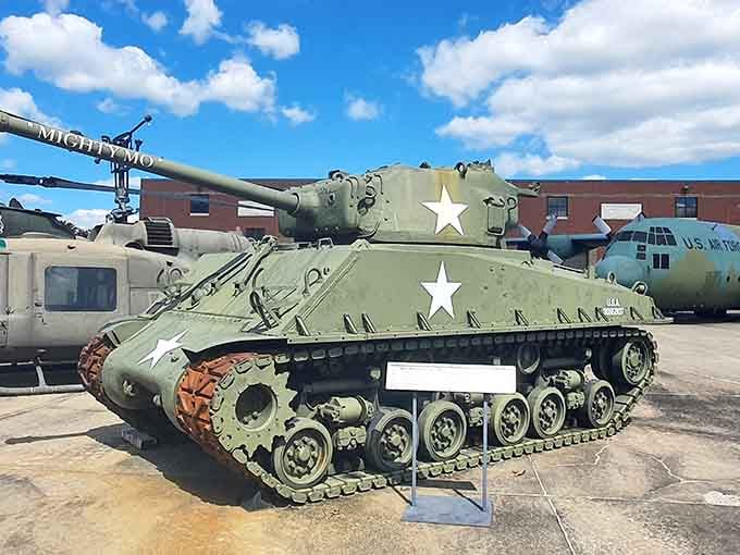"Mighty Mo" isn't just a nickname—this Sherman tank's imposing presence reminds us of the engineering marvels that helped win WWII.