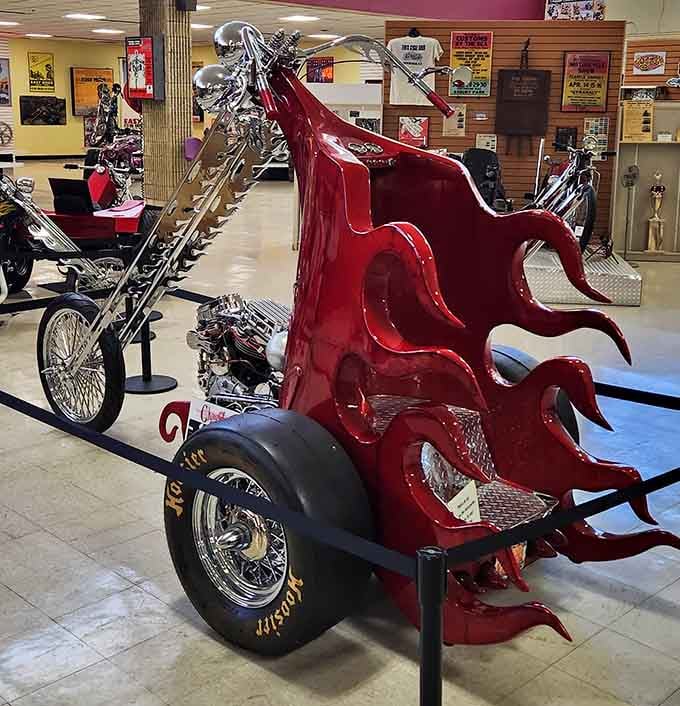 Feel the heat with this stunning crimson trike! A true masterpiece of custom design on display in Newburgh, New York.