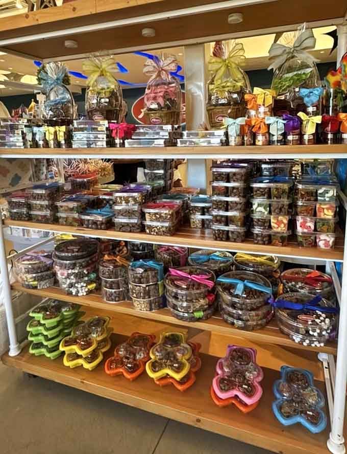 Gift baskets wrapped up like edible bouquets, because flowers die but chocolate-covered pretzels are forever.
