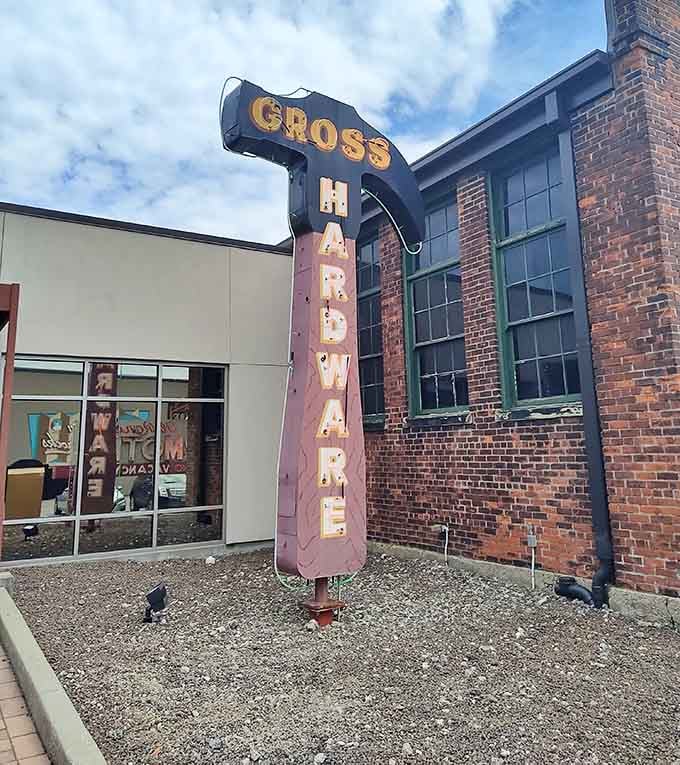 The towering Gross Hardware sign outside stands as a beacon, literally lighting the way to this treasure trove.
