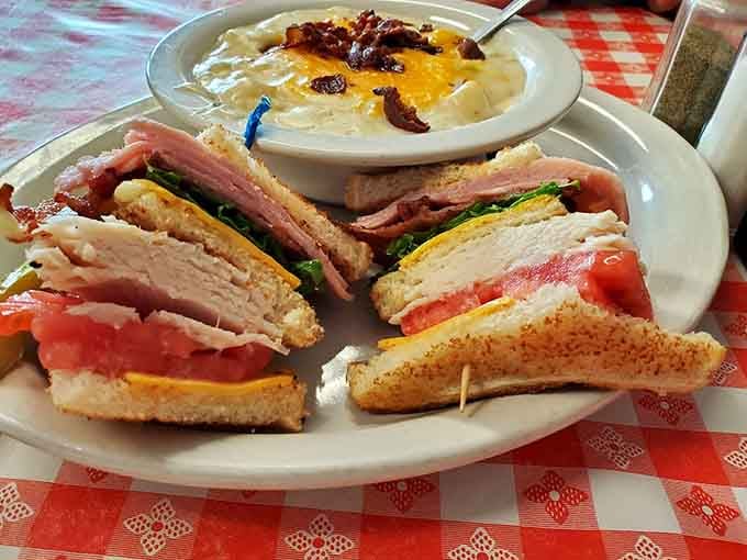 This club sandwich comes with loaded baked potato soup because apparently one delicious thing wasn't quite enough here.