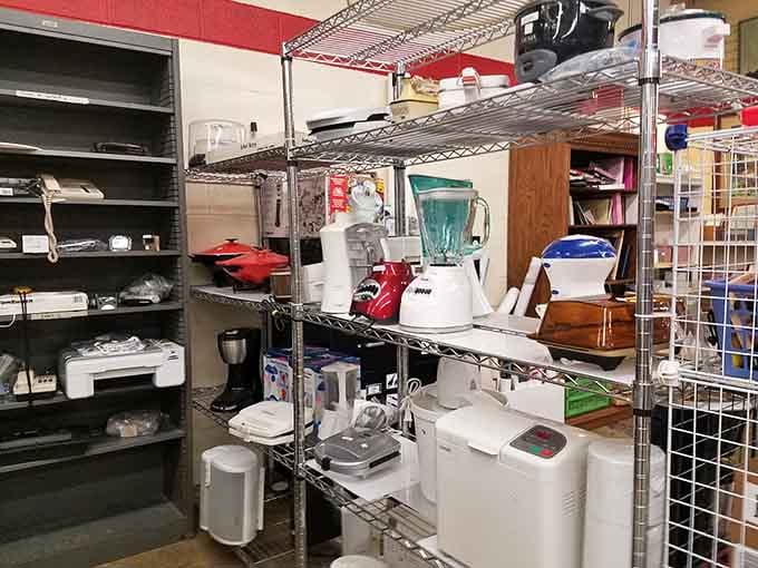 Small appliances and kitchen gadgets line the shelves like a culinary equipment store at fraction of department store prices.