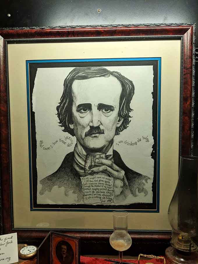 Poe's portrait watches over diners with that signature intensity, judging your appetizer choices from beyond the grave.