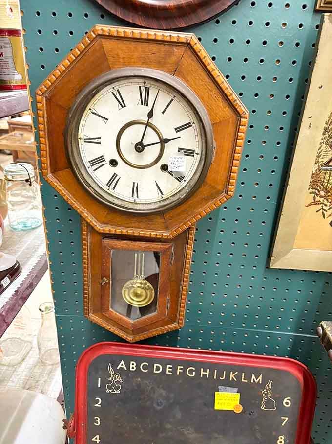 This octagonal wall clock has been counting minutes for generations, its pendulum swinging through wars, moon landings, and countless family dinners.