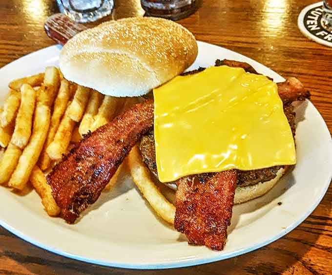 A burger that doesn't need fancy toppings to impress &ndash; just perfectly melted cheese, bacon, and fries that know their supporting role.