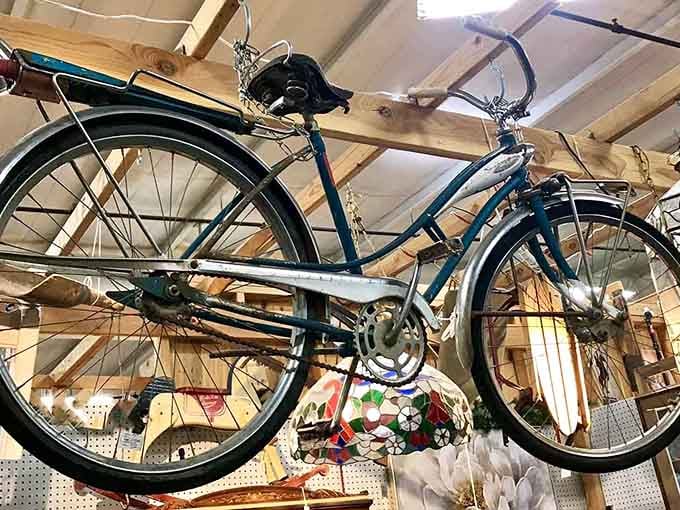Suspended in mid-air like a time-traveling chariot, this vintage bicycle recalls an era when two wheels meant freedom and adventure.