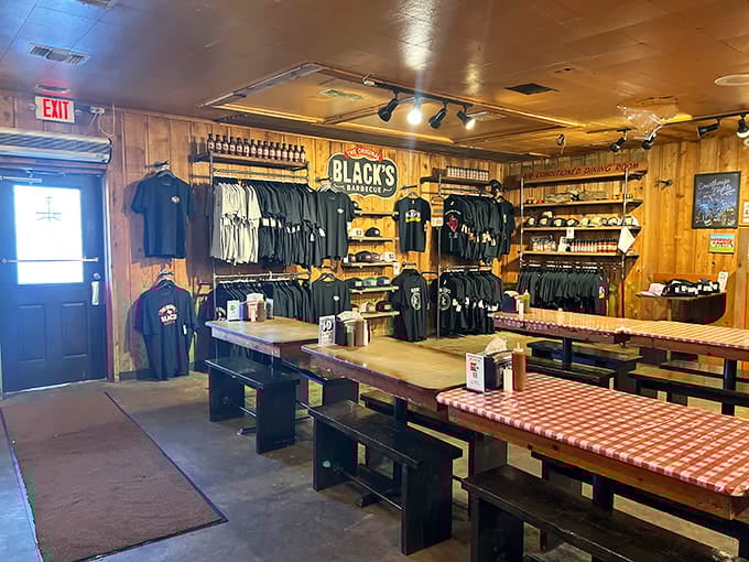 A merchandise wall that lets you wear your barbecue allegiance proudly, like band t-shirts but way more delicious.