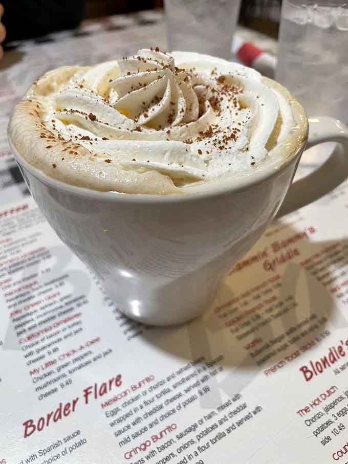 Whipped cream swirled so perfectly it deserves its own Instagram account, sprinkled with what looks like cocoa happiness.