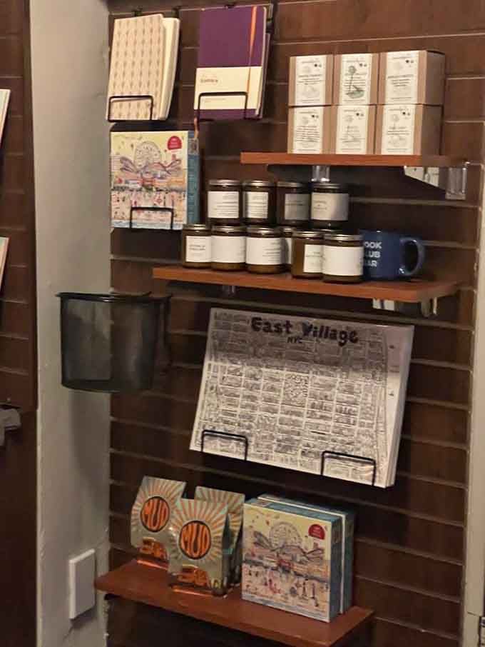 Local candles and East Village maps remind you that supporting neighborhood spots never goes out of style.