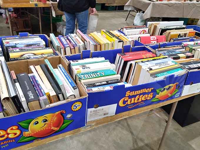 Literary treasures stacked in fruit boxes&mdash;proof that the best adventures still cost less than a streaming subscription and never need recharging.