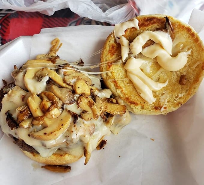 The mushroom Swiss burger with its melty cheese and grilled onions is basically edible happiness on a bun.