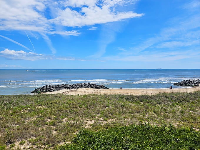 The beach nearby offers a peaceful spot to recover after your climb, with waves that have been rolling in since colonial times.
