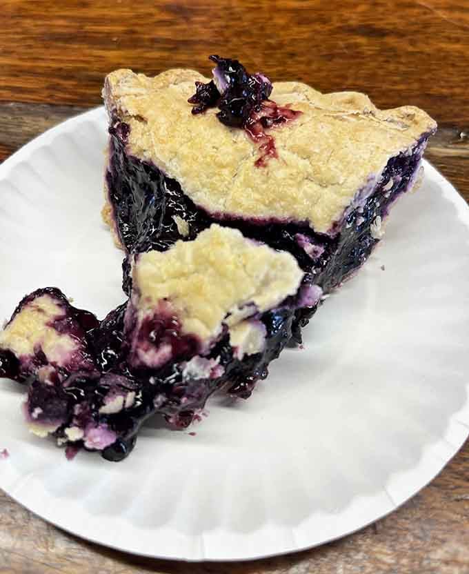 Blueberry pie so generously filled it's practically bursting with fruit, the way pie was meant to be before portion control.