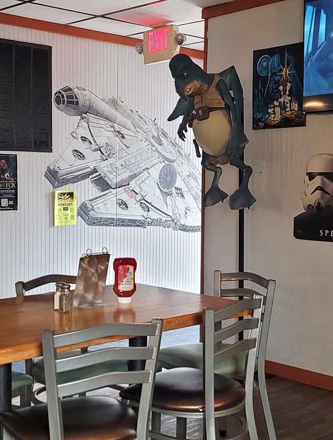 The Millennium Falcon watches over your meal, making even a simple lunch feel like an intergalactic adventure worth taking.