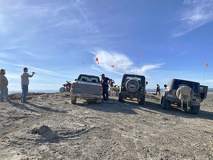 Trucks and vintage off-road vehicles gather on a dune crest, their safety flags waving in the desert breeze.
