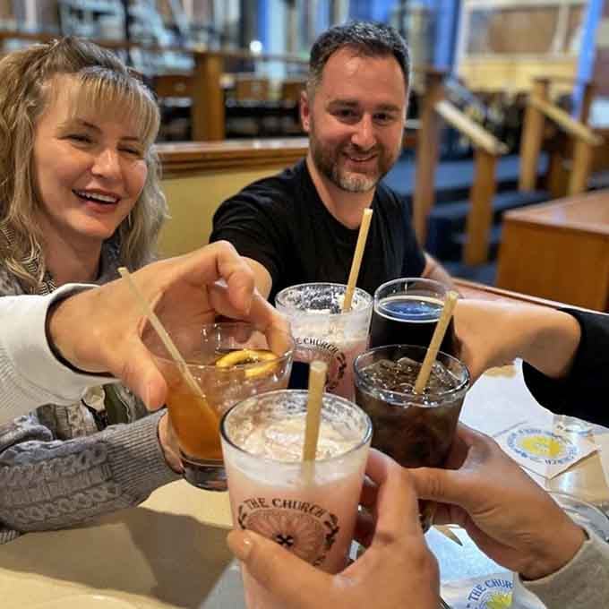 Nothing says friendship quite like clinking glasses in a former church while surrounded by brewing equipment and good vibes.