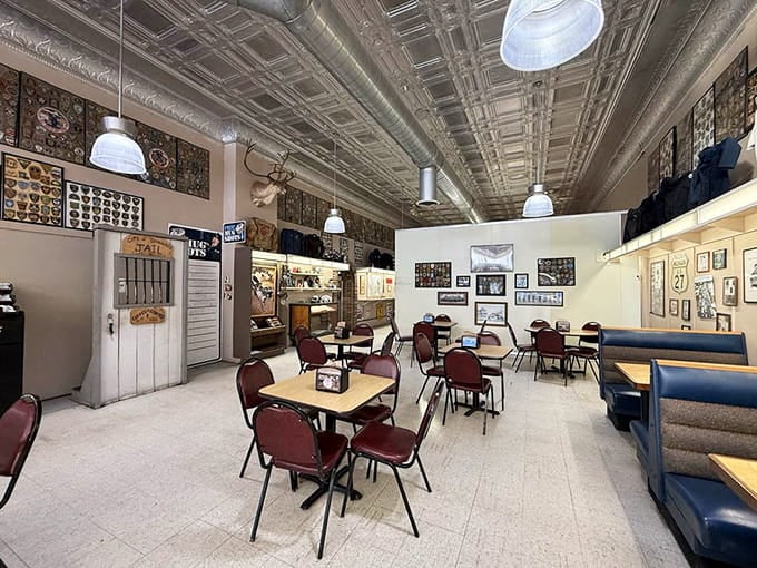 Spacious dining room with vintage charm where badge collections tell stories spanning decades of American law enforcement.