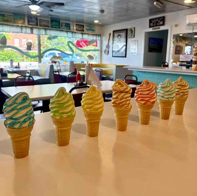 Six soft-serve swirls standing at attention like delicious soldiers ready to cool you down on hot days.