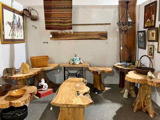 Hand-carved wooden furniture pieces showcase craftsmanship that makes IKEA instructions look like ancient hieroglyphics by comparison.