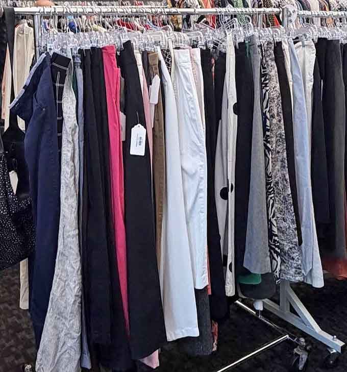 Racks of pants stretch endlessly, offering every color and cut without the department store markup or attitude.