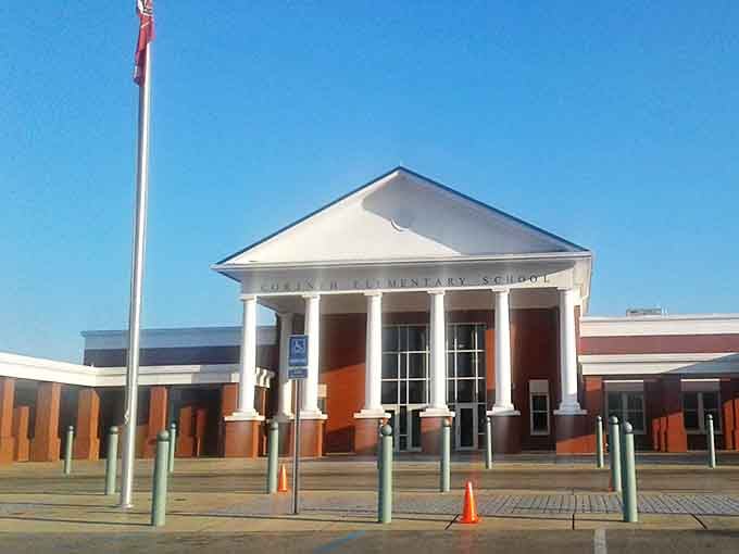 Corinth Elementary School welcomes young minds with impressive columns that say, "Education matters here." Learning looks pretty dignified under that portico.