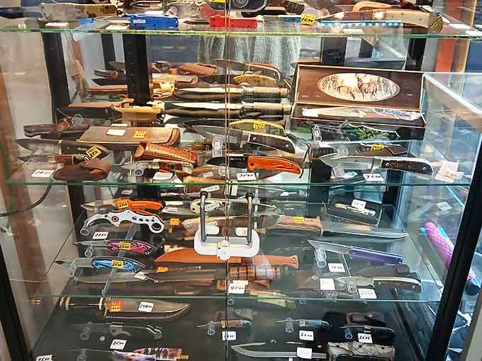 Glass cases protect the sharp stuff, because even bargain hunting has its boundaries and liability concerns to consider carefully.