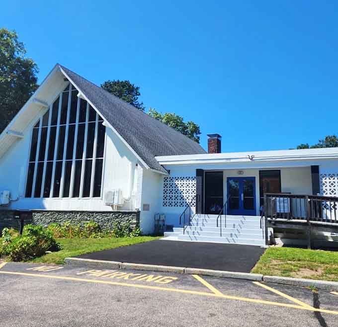 The striking A-frame design of this community church welcomes all with its soaring windows reaching toward the heavens.
